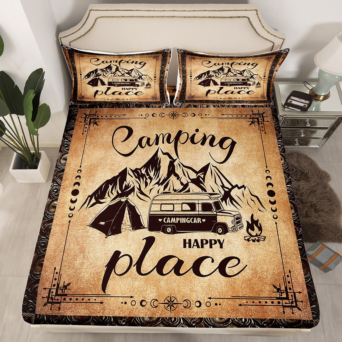 Erosebridal Camper Fitted Sheet Full Happy Camping Themed Bedding Set ...