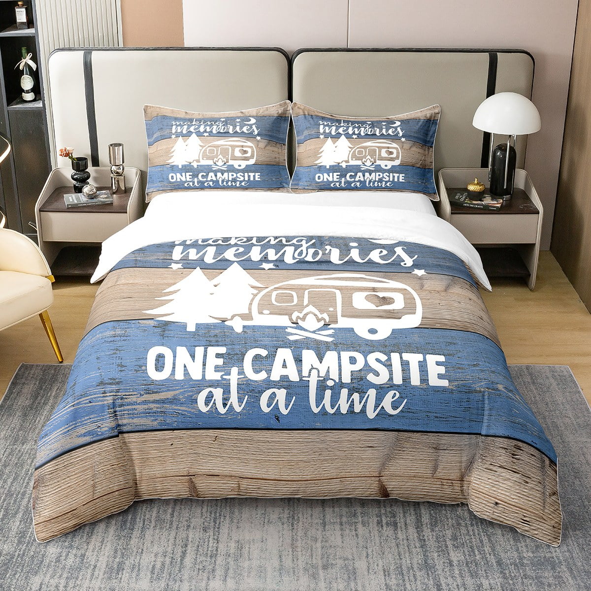 YST Camping 100% Cotton Duvet Cover,Camper Themed Bedding Set Camper Decor,RV Travel Car Camping ...