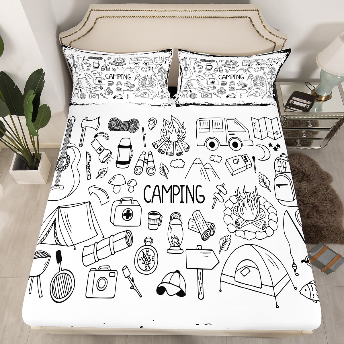 Camping Bed Sheets Campfire Adventure Bed Set Queen Size, Rv Camper ...