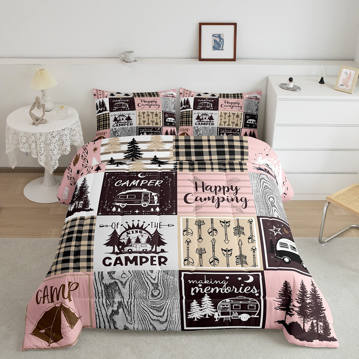 Camping Full Comforter Set ,Pink Camper Bedding Set For Bunk,Rv ...