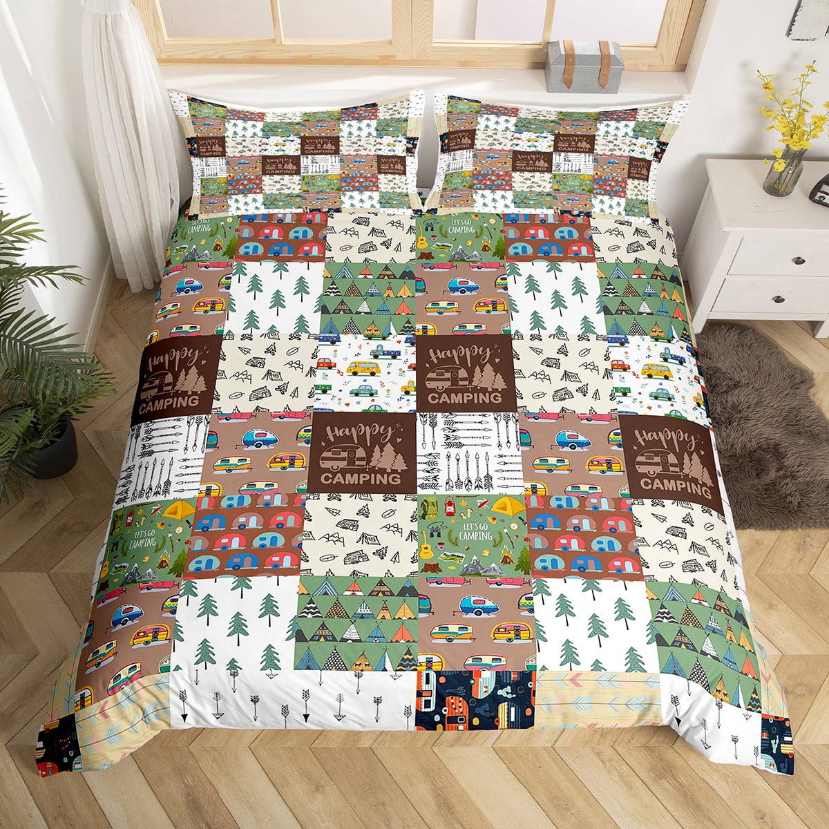 Erosebridal Camping Theme Bed Set Cartoon Camper Duvet Cover, Green ...