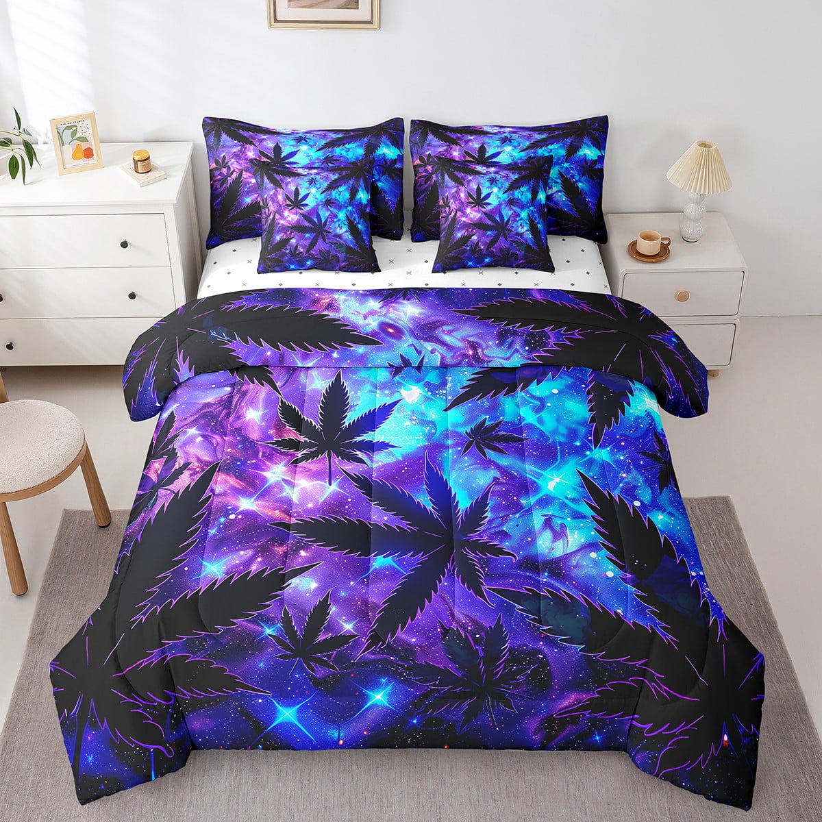 Cannabis Leaves 7 Pcs Comforter Set Queen,Marijuana Weed Leaf Bed in a ...