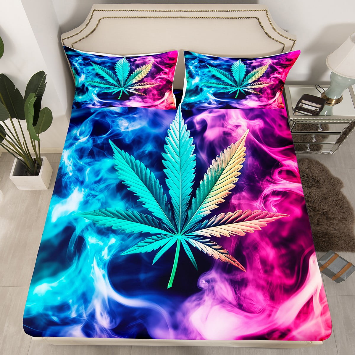 Cannabis Leaves Bed Sheets Marijuana Leaf Bedding Set Full Size,Botanical Plant Fitted Sheet ...