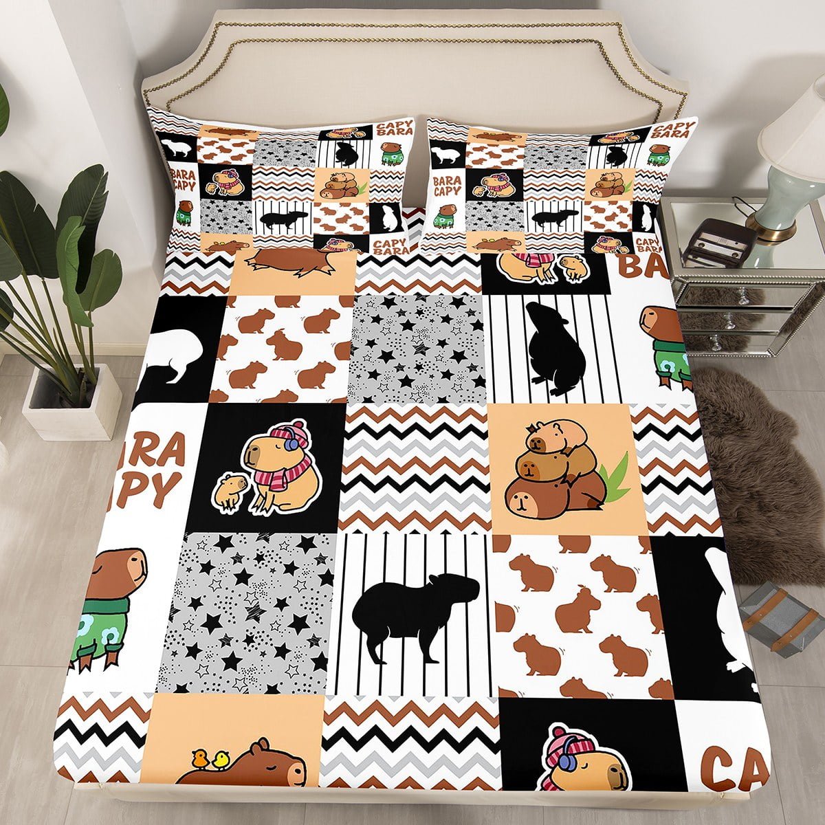Erosebridal Capybara Bed Set Funny Rodent Animal Pattern Bed Sheets, Hand Drawn Stripes Stars ...