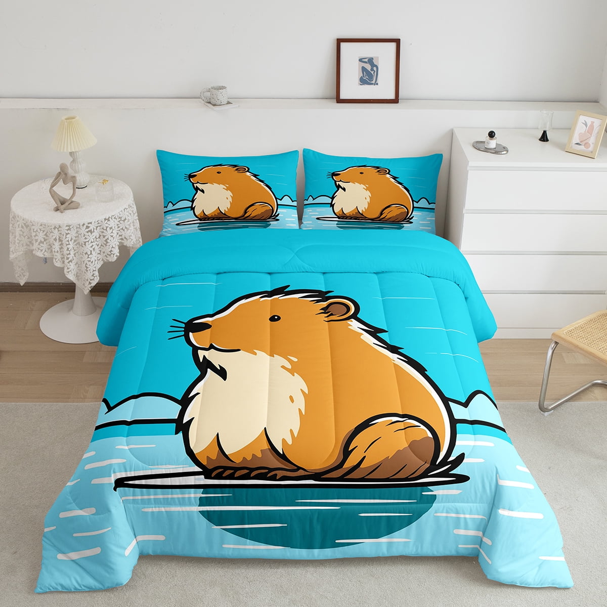 Capybara Bedding Comforter Sets , Cartoon Zoo Pet Animals Bedding Hand ...