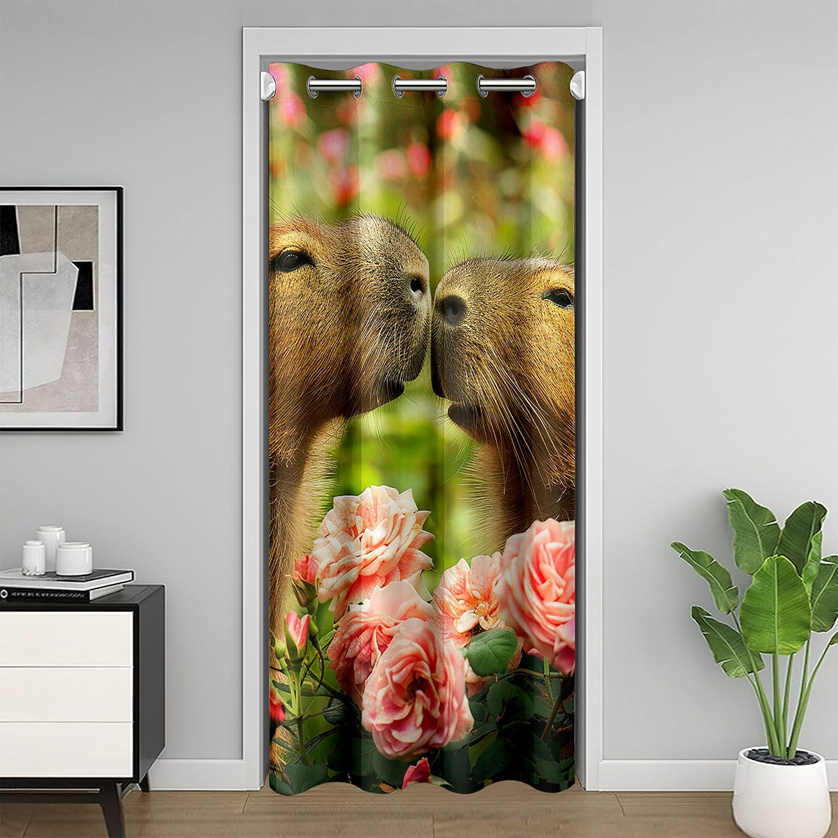 Capybara Couples Door Curtain For Doorway Privacy,Romantic Pink Rose ...