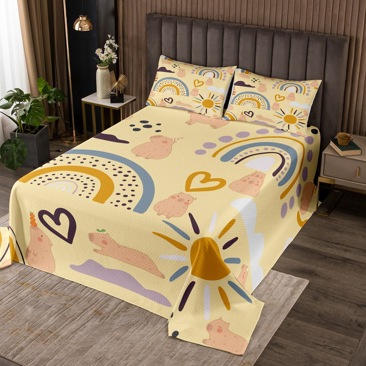 Erosebridal Capybara Decor Coverlet Set,Girly Cartoon Rainbow Bedspread ...
