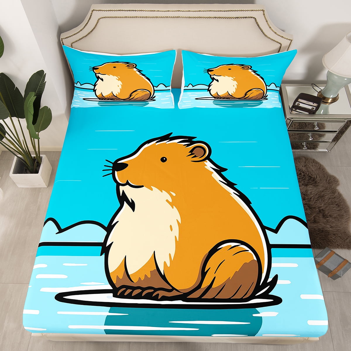 Erosebridal Capybara Fitted Sheet, Cartoon Zoo Pet Animals Bed Set Hand ...