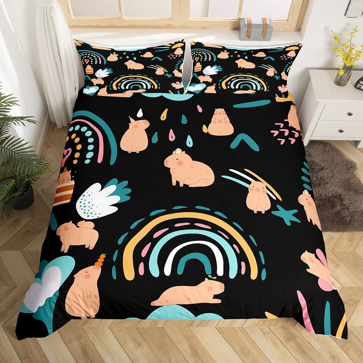 YST Capybara Lover Bedding Set, Rainbow Duvet Cover Kawaii Room Decor ...