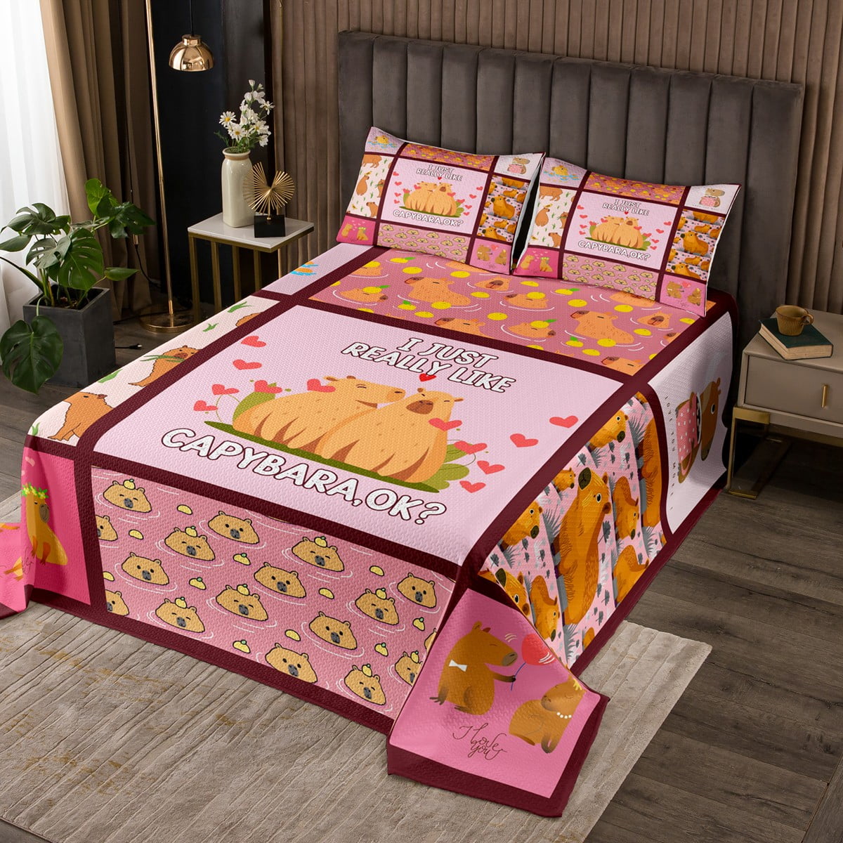Capybara Lover Bedspread Queen Size Cute Capybaras Quilt Set Lovely ...