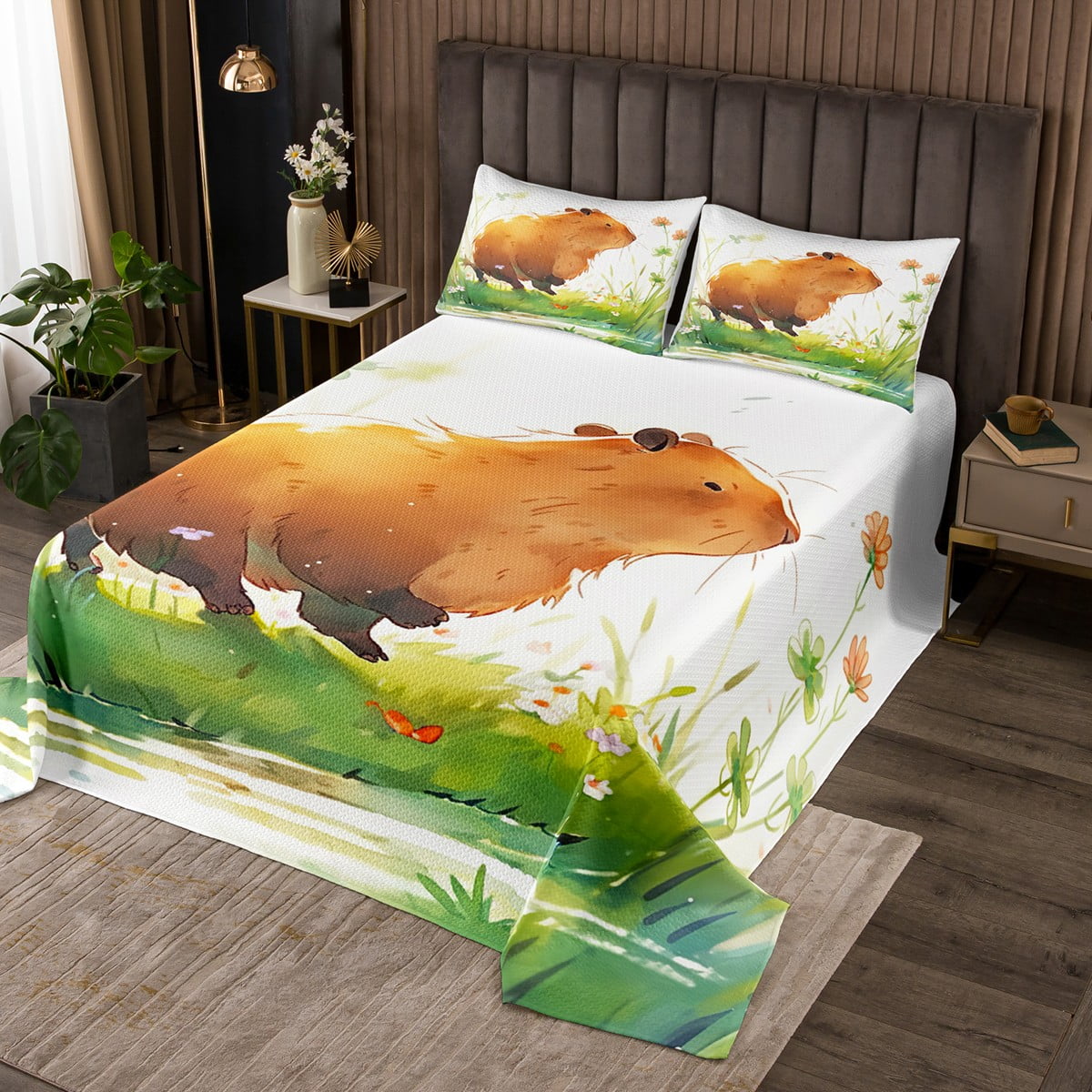 Capybara Quilt Set ,Cute Capybaras Coverlet Set Queen,Watercolor Flower ...