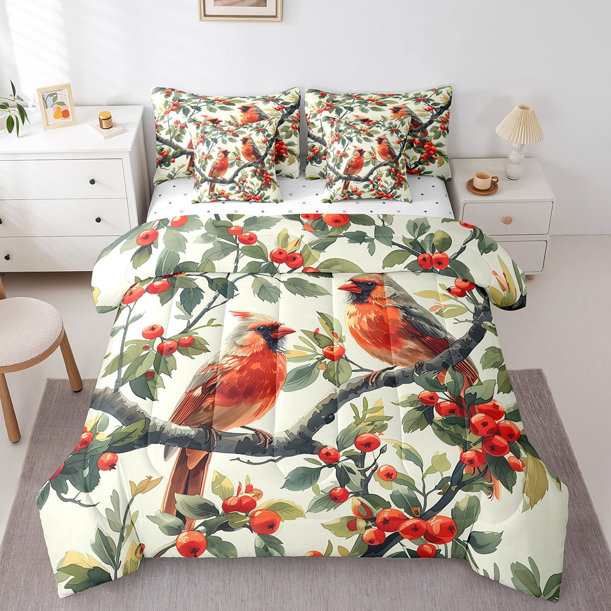 YST Cardinal Bird Comforter Set Watercolor Wildlife Botanical Bedding ...