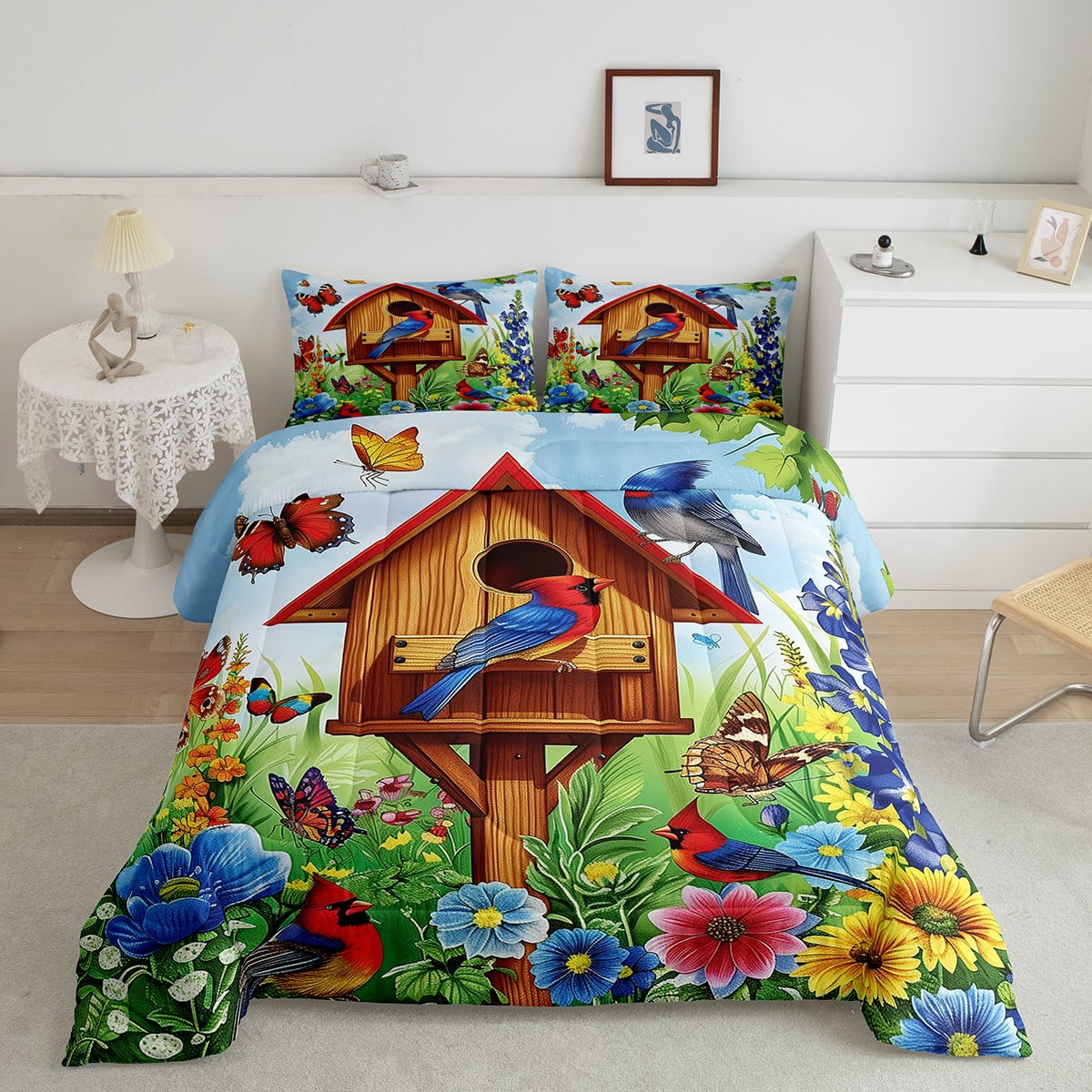 YST Cardinal Hummingbird Comforter Full,Spring Garden Style Floral ...