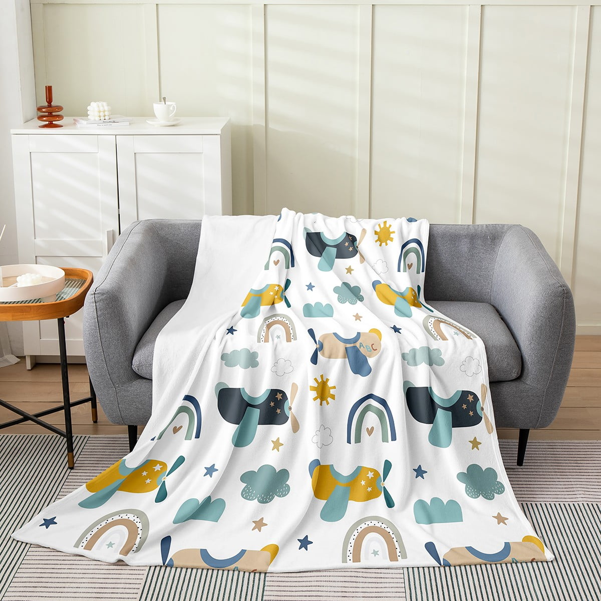 Cartoon Aircraft Fleece Blanket Airplane Rainbow Blanket,Cute Sun Stars ...