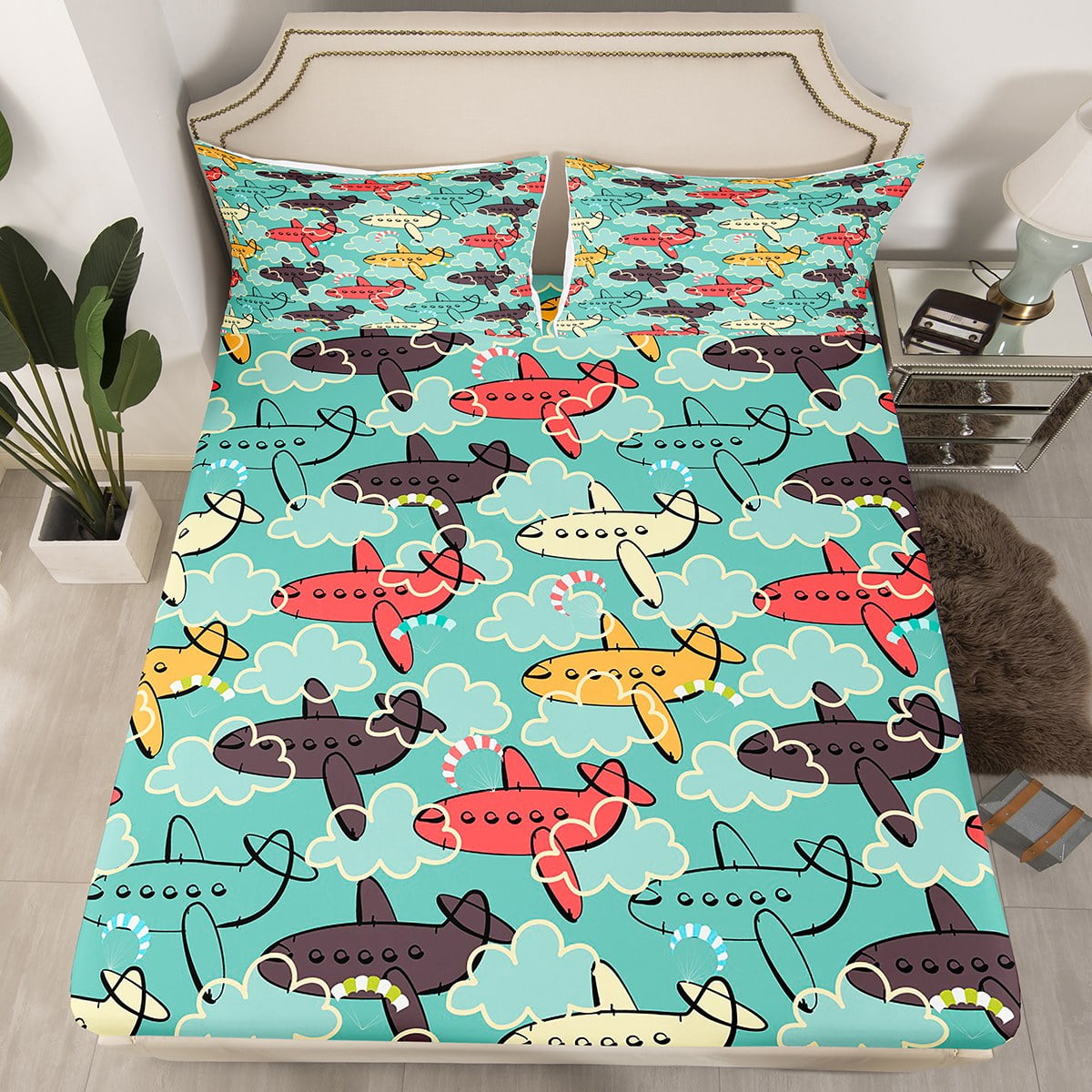 YST Cartoon Airplane Bed Sheets Rainbow Plane Fitted Sheet Twin Size ...