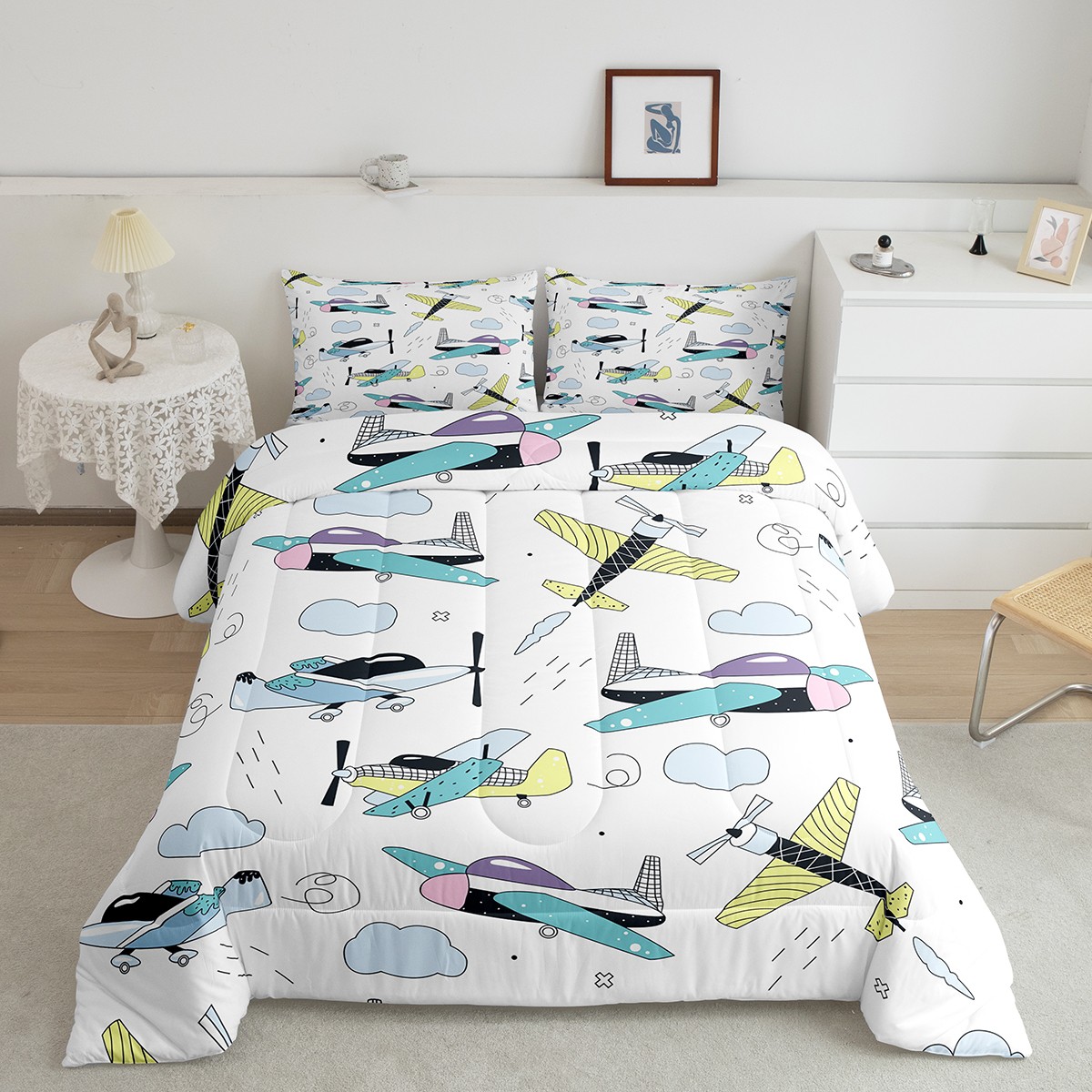 YST Cartoon Airplane Comforter Set Queen Size for Kids Bedroom Decor ...