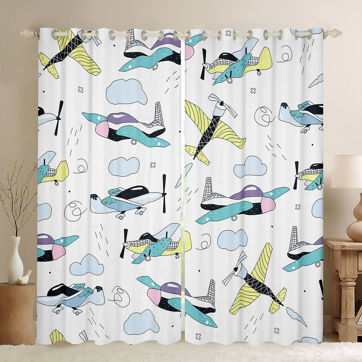 YST Cartoon Airplane Curtains for Kids Bedroom Decor,Flying Aircraft ...