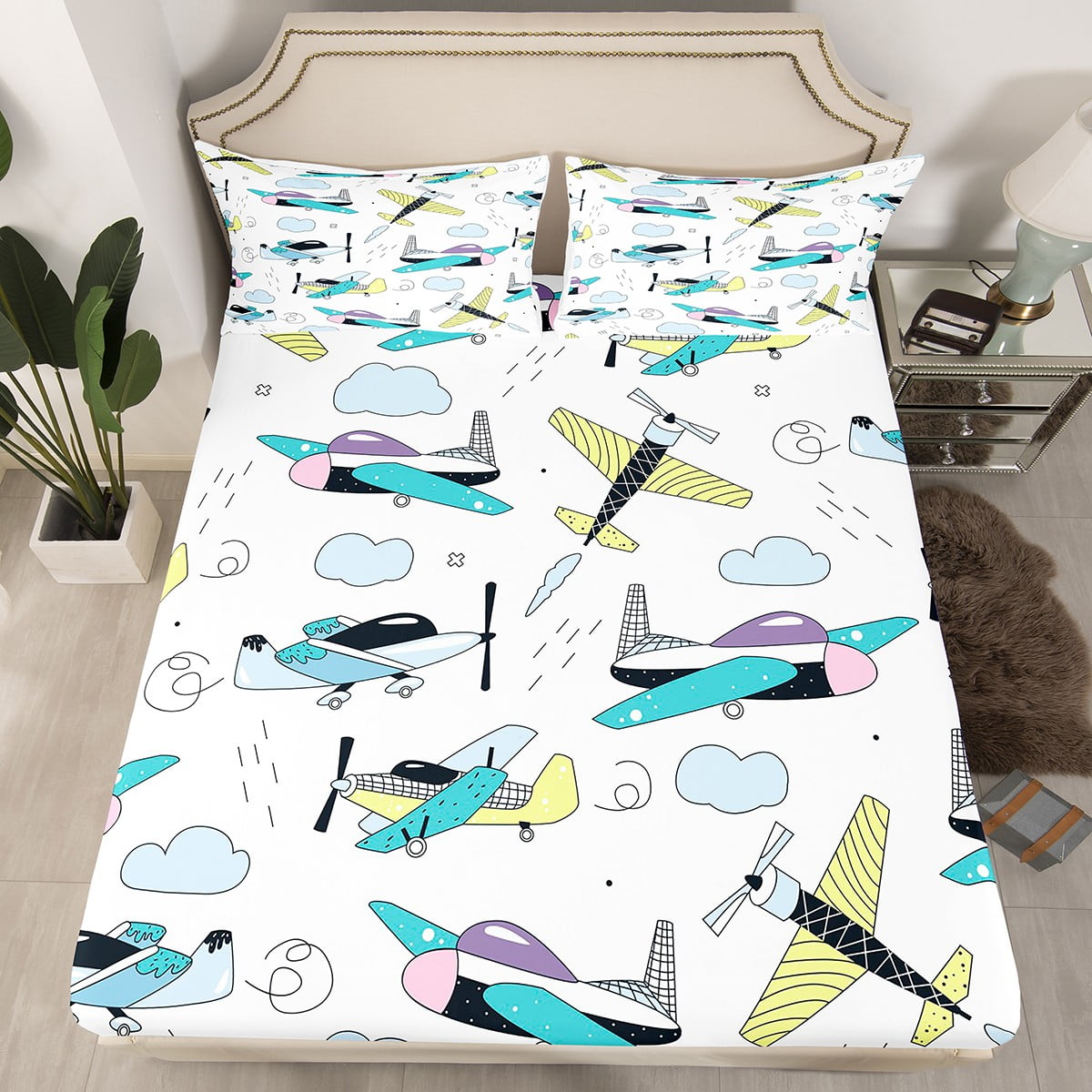 YST Cartoon Airplane Fitted Sheet Twin Size for Kids Bedroom Decor ...