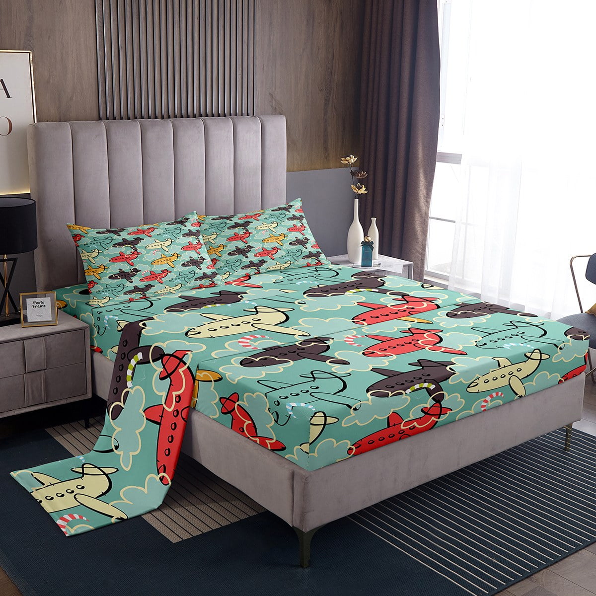 YST Cartoon Airplane Full Sheets Rainbow Plane Bed Set, Flying Aircraft ...