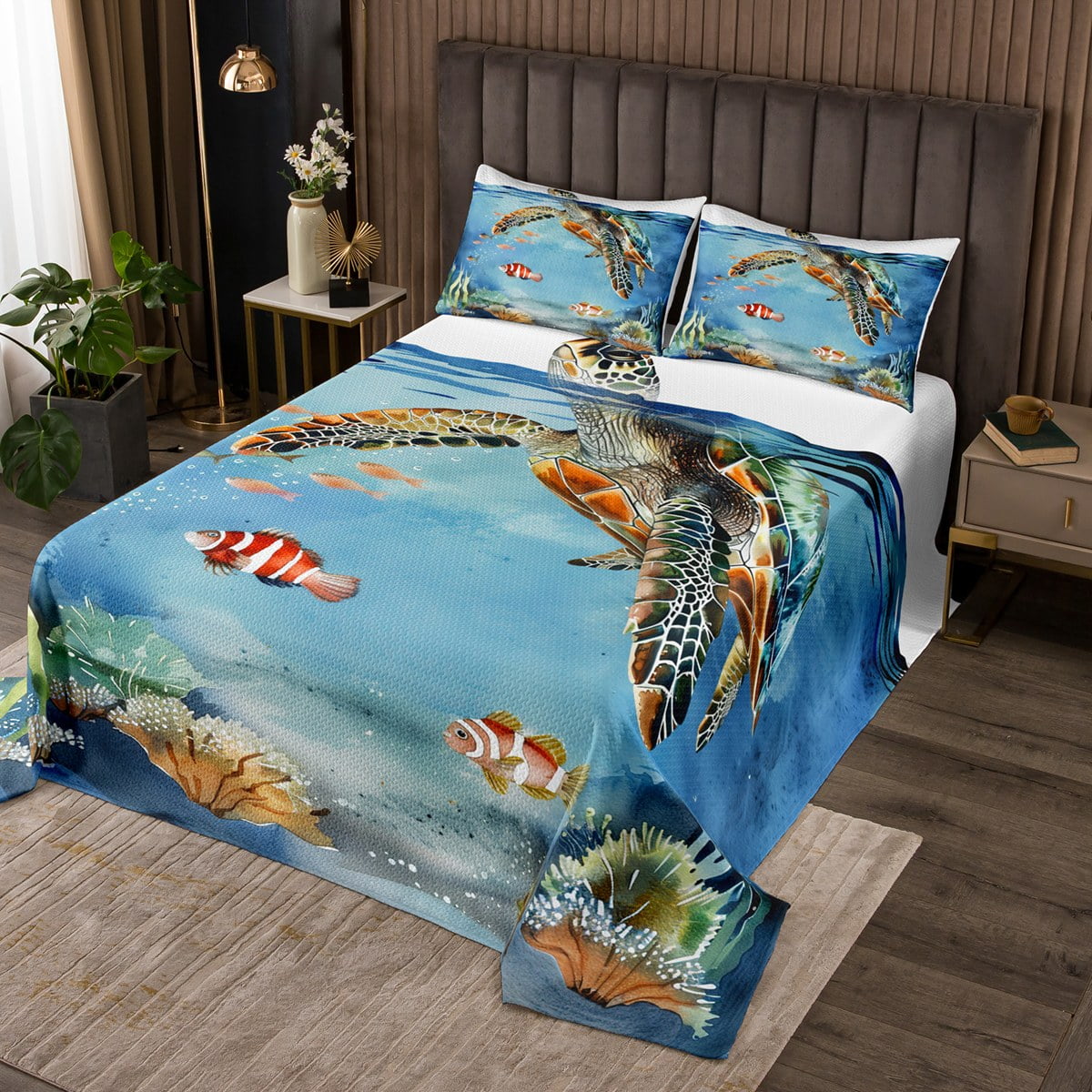 Cartoon Animal Coverlet Twin Size Sea Turtle Bedspread Size,Watercolor ...
