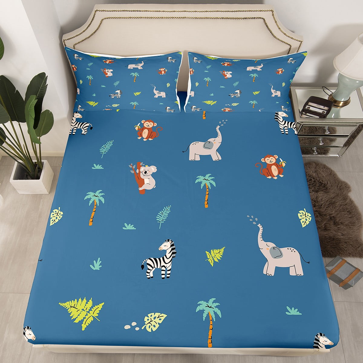 Cartoon Animals Bed Sheets Queen,Cute Zebra Elephant Fitted Sheet ...