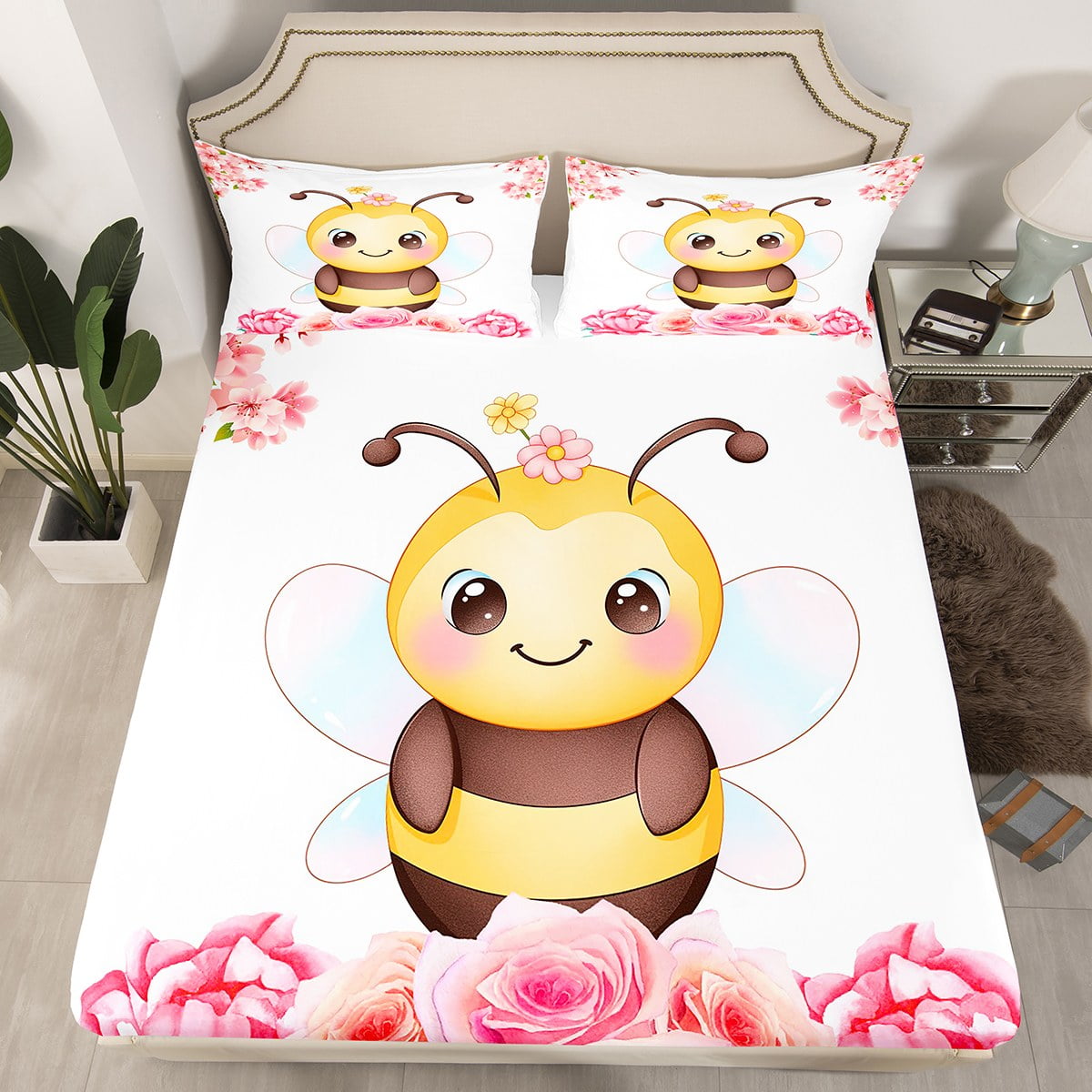Cartoon Bee Fitted Sheet Honeybee Bedding Set Yellow Wildlife Animal ...