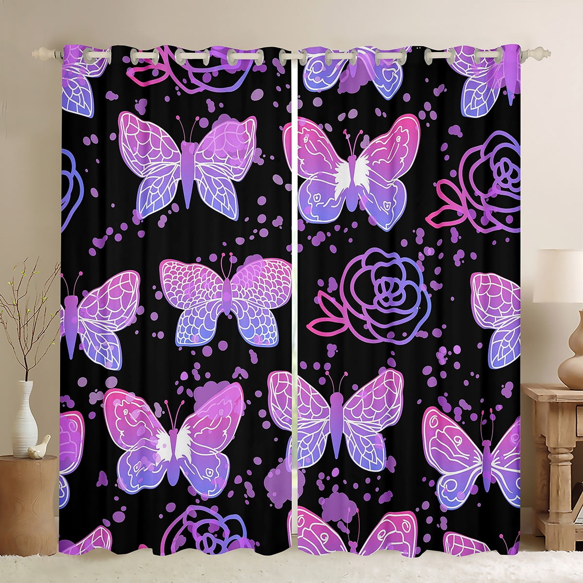 Erosebridal Cartoon Butterfly Blackout Curtains Pink Rose Curtains ...