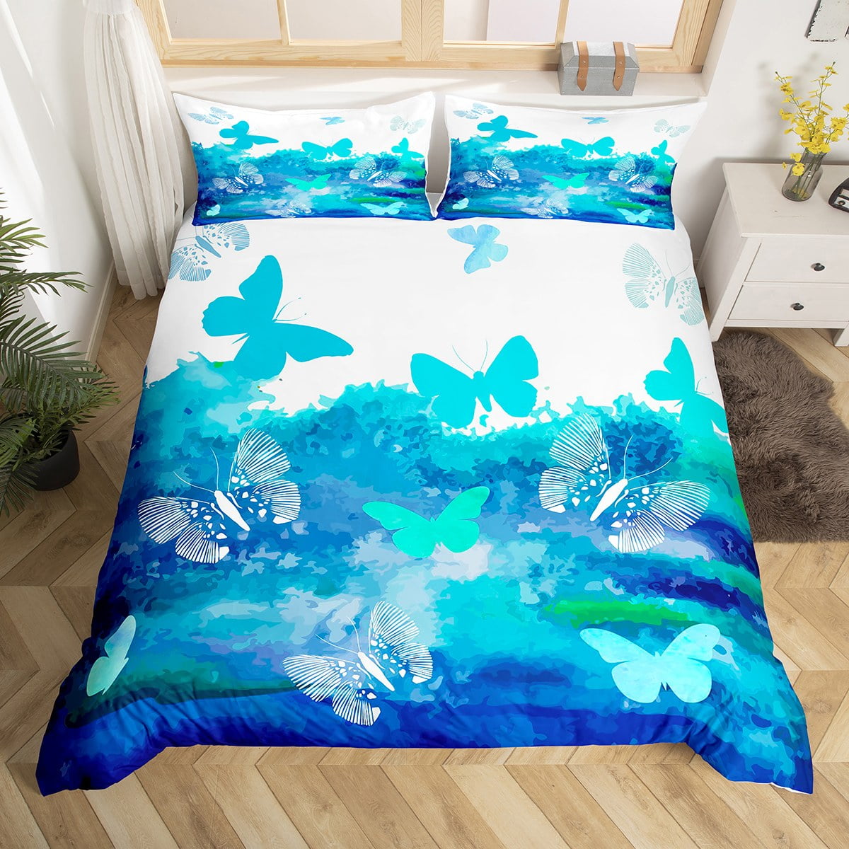 Erosebridal Cartoon Butterfly Duvet Cover,Watercolor Blue Butterflies ...