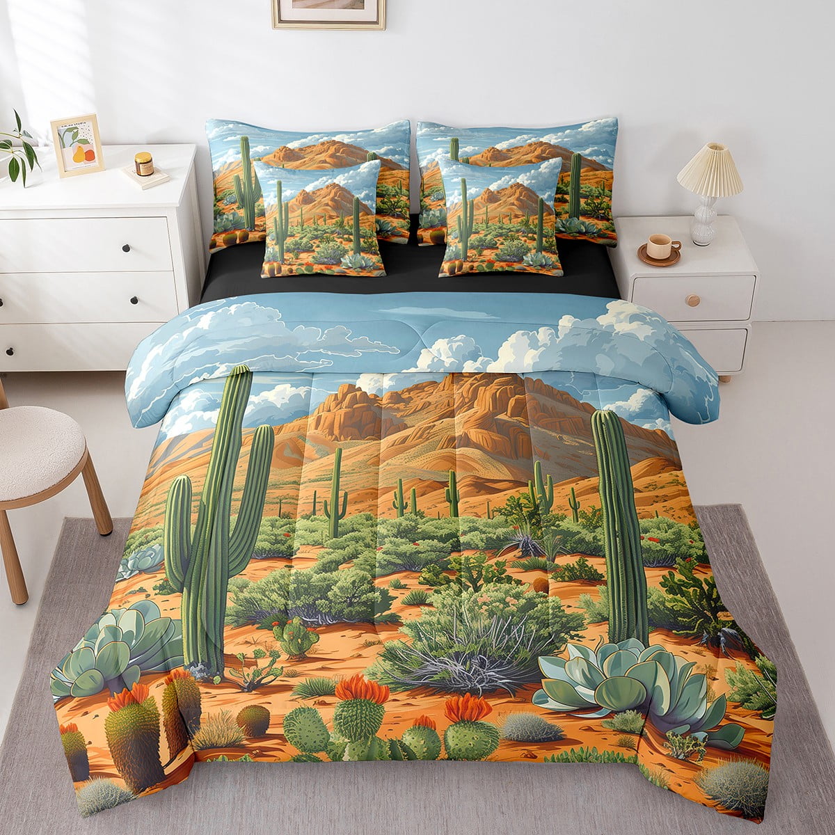Cartoon Cactus Bedding Sets, Rustic Deaert Plants Comforter Set 7-Piece ...