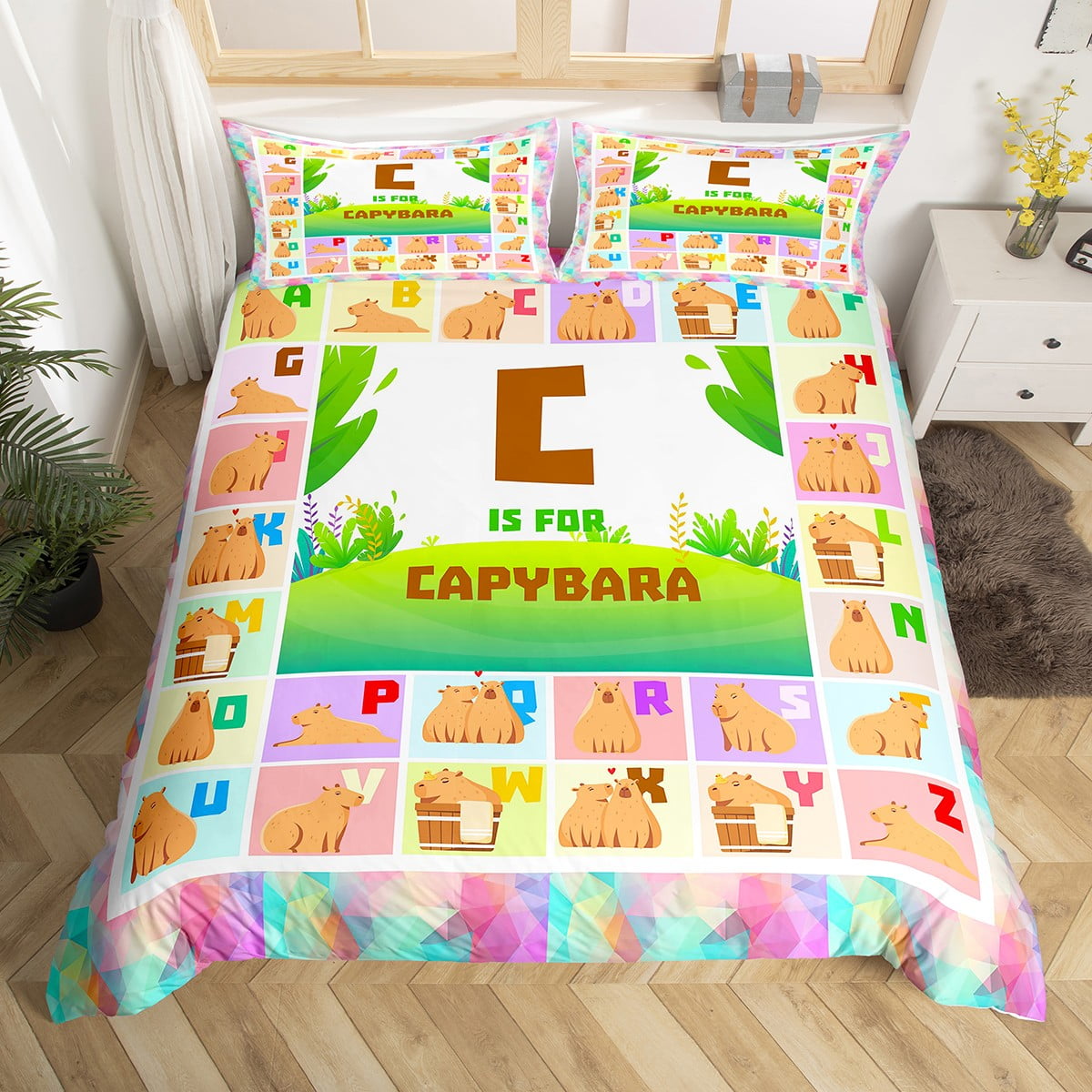 YST Cartoon Capybara Bed Set for Boys Girls Rainbow Alphabet Duvet Cover, English Letters ...