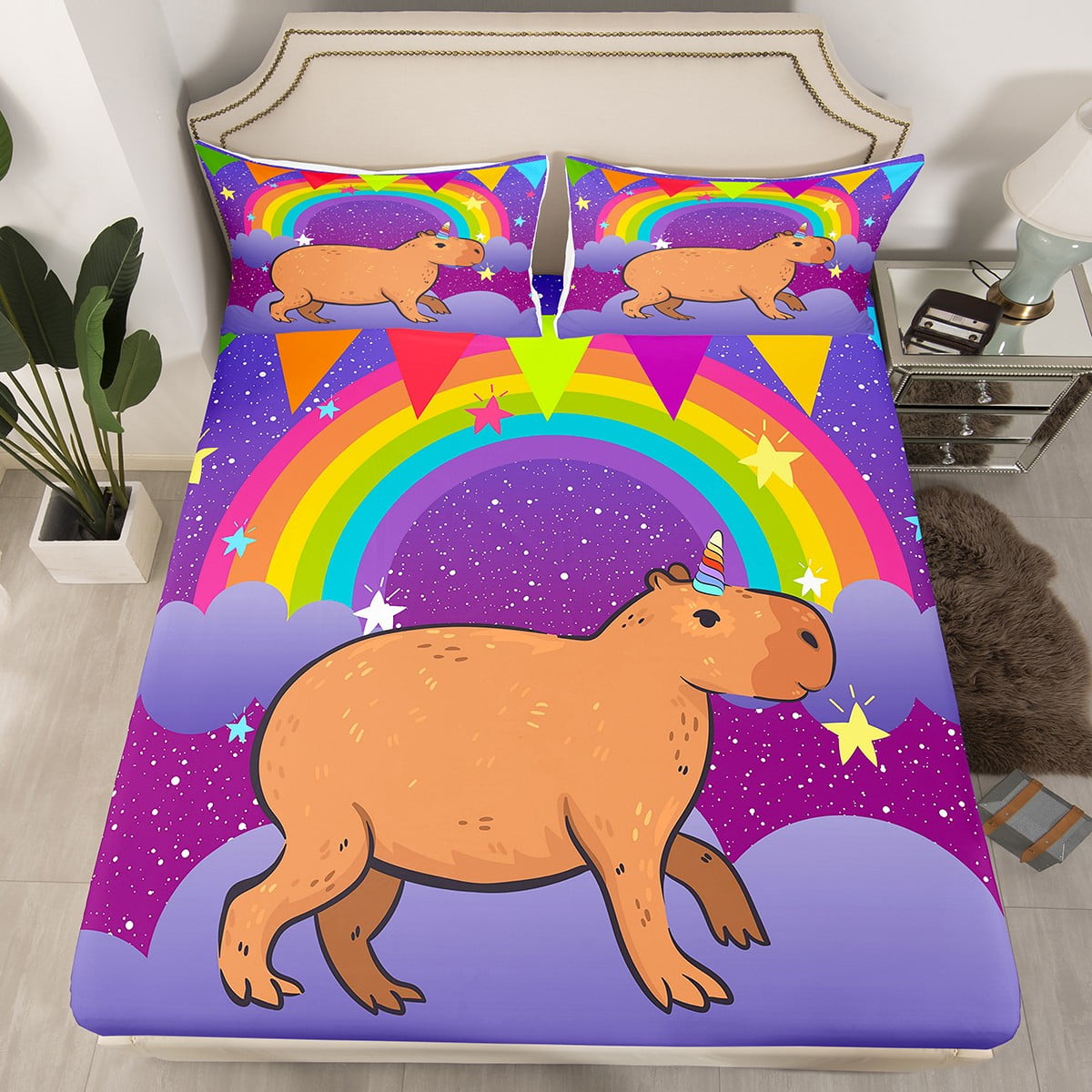 Erosebridal Cartoon Capybara Bed Set Queen Cute Rainbow Galaxy Glitter ...