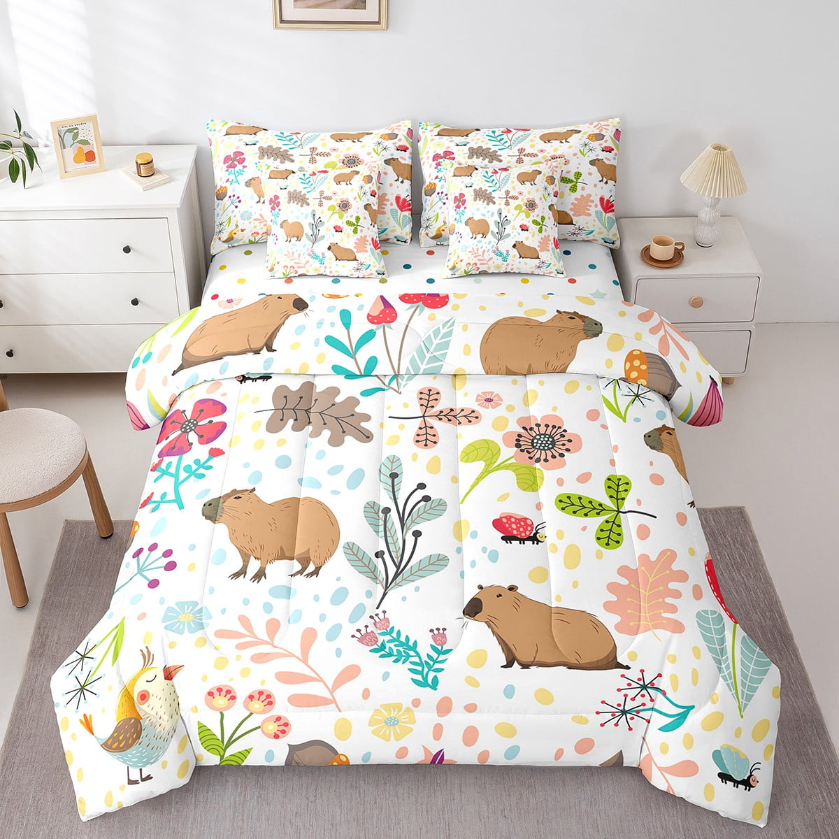 YST Cartoon Capybara Comforter Set 7 Piece Brown Capybara Kids Full Bed ...