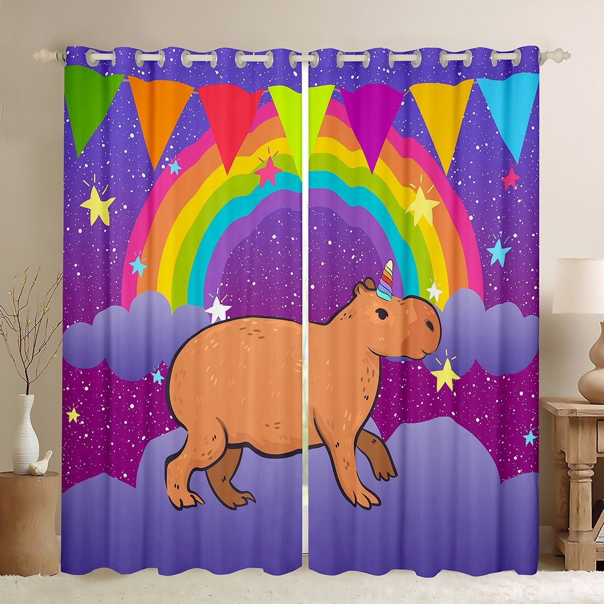 Erosebridal Cartoon Capybara Curtains & Drapes 52x84 inch Cute Rainbow ...