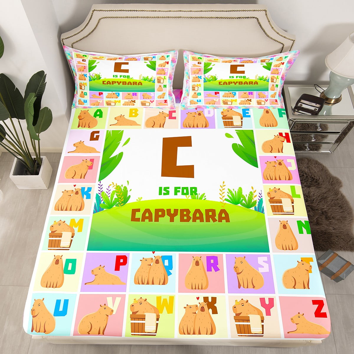 Cartoon Capybara Queen Fitted Sheet Rainbow Alphabet Sheets, English ...