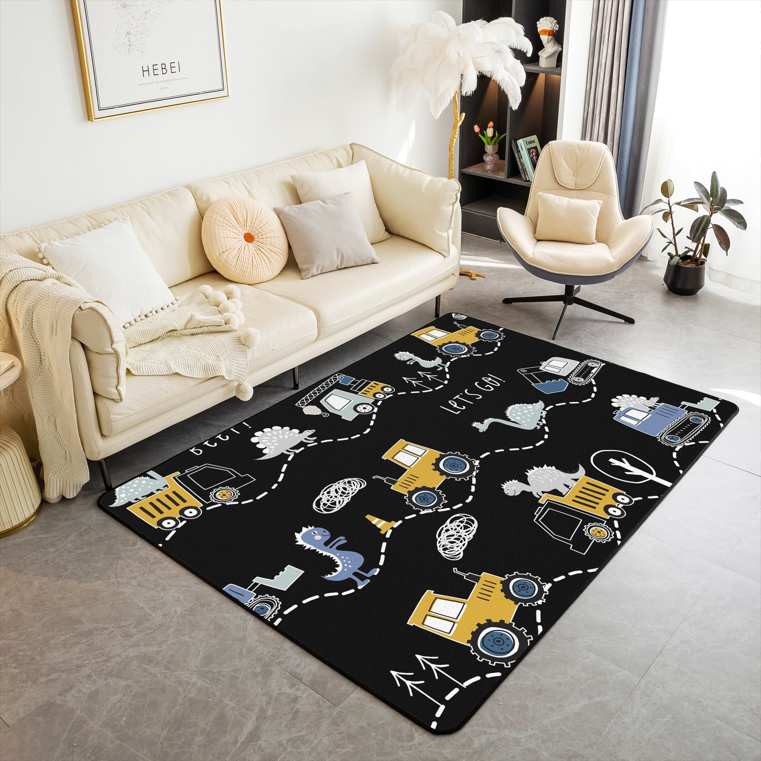 YST Cartoon Car Kids Teens Accent Rug Set Kawaii Dinosaur Living Room ...