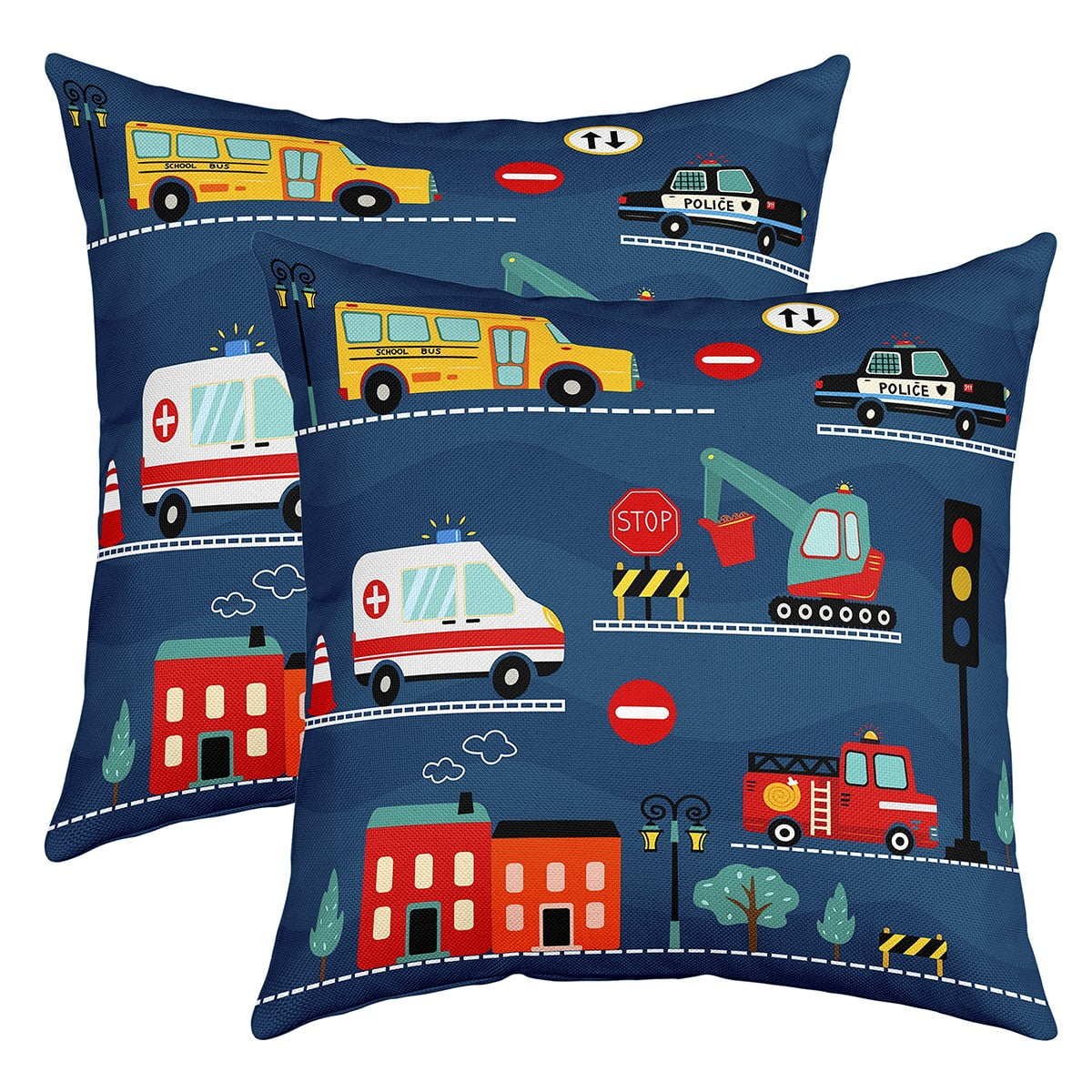 Cartoon Car Throw Pillow Covers Ambulance Fire Truck Print Cushion ...
