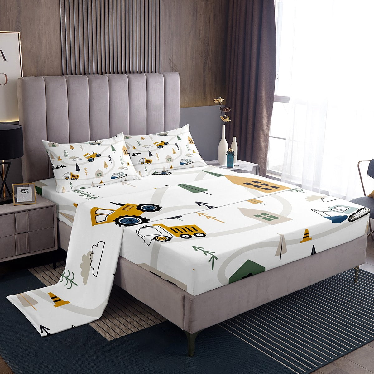 Erosebridal Cartoon Cars Bed Sheets Deep Pocket Construction Vehicle ...