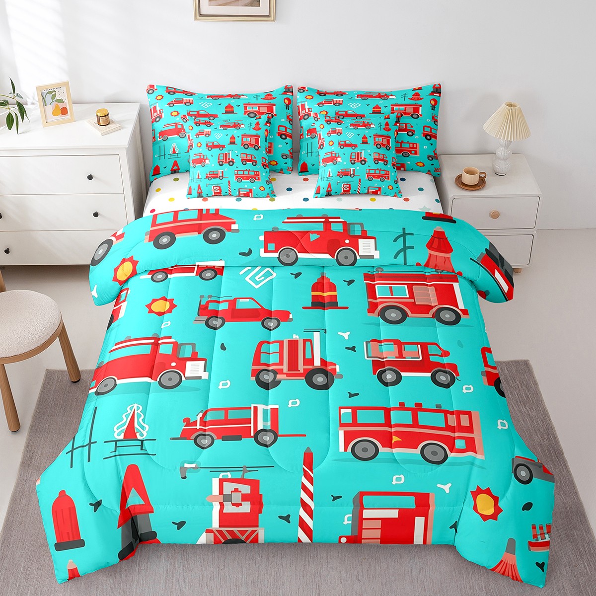 Erosebridal Cartoon Cars Bedding Queen Size 7pcs, Bus Truck Room Decor ...