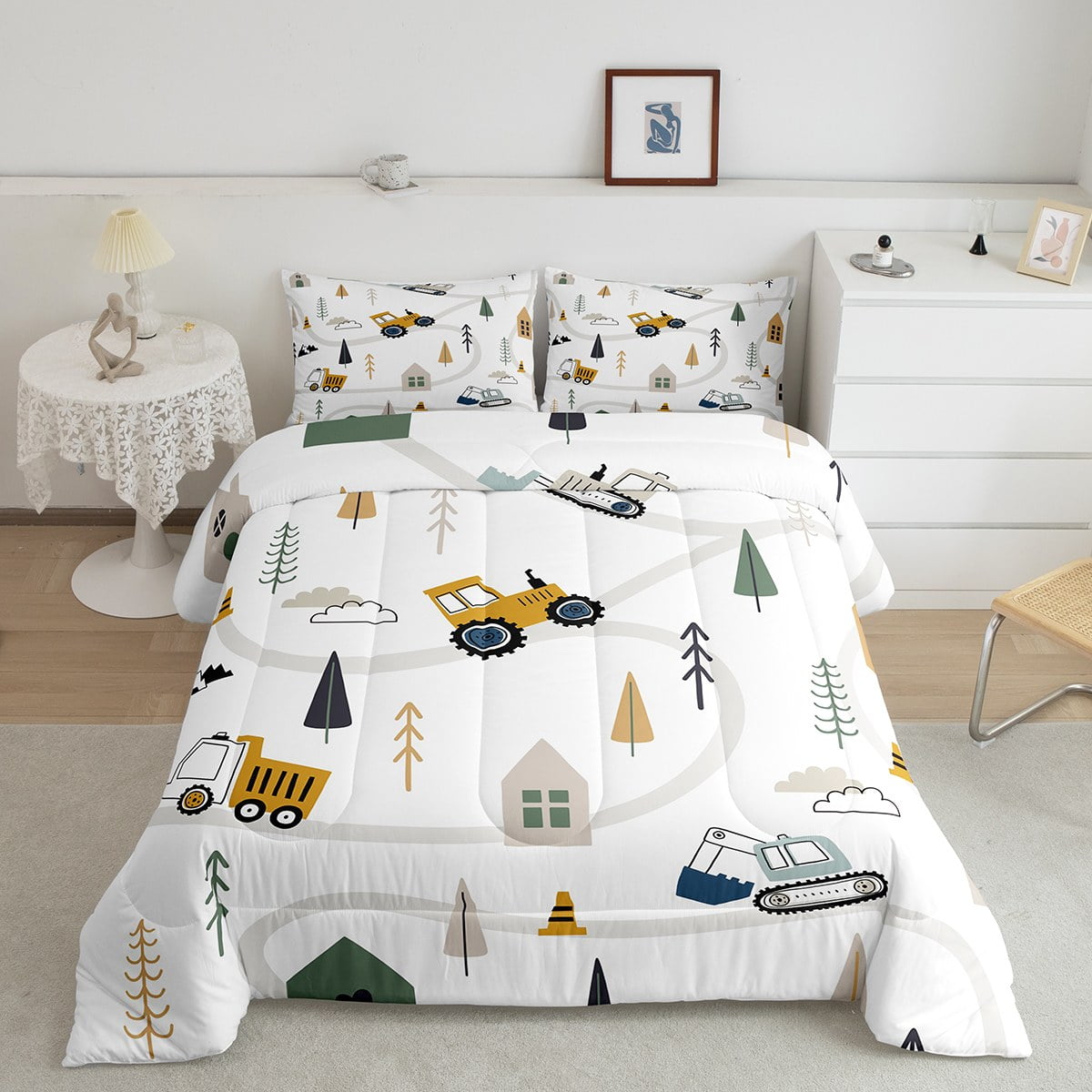 YST Cartoon Cars Comforter Set Construction Vehicle Bedding Set Full ...