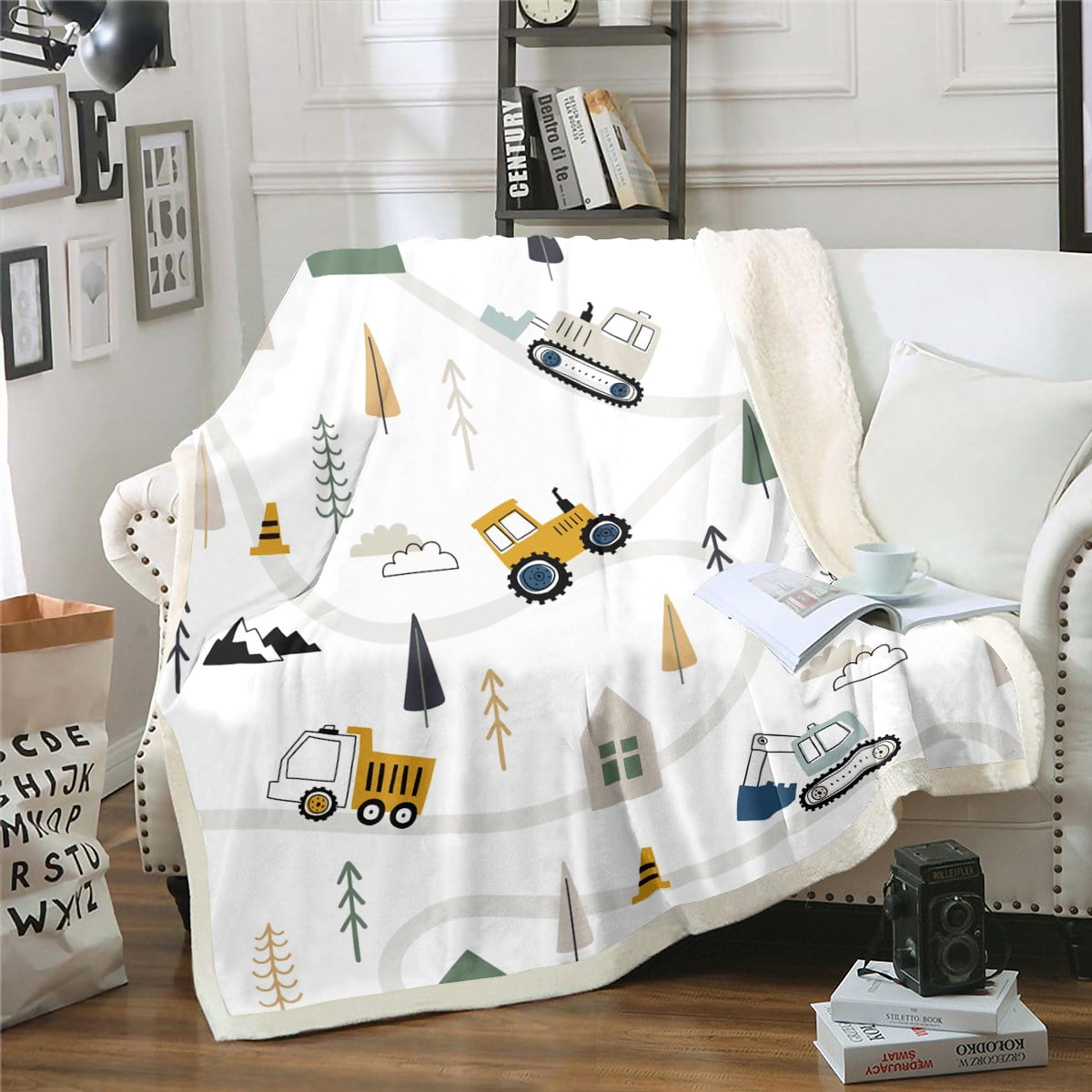 YST Cartoon Cars Throw Blanket Construction Vehicle Fleece Blanket ...