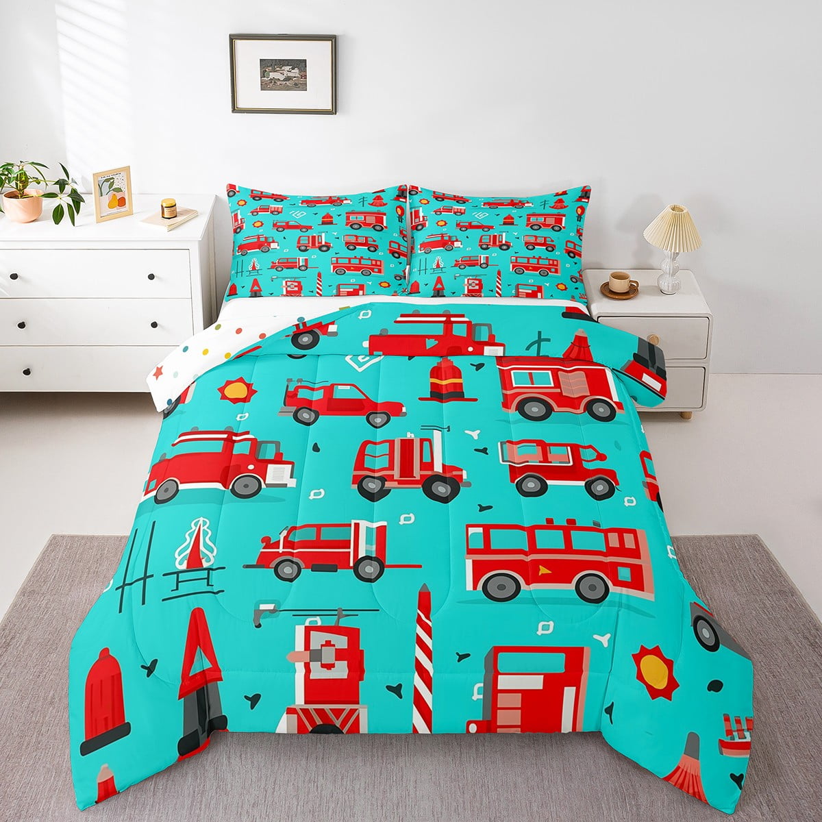 Cartoon Cars Twin Size Comforter Set, Bus Truck Breathable Bedding Sets ...
