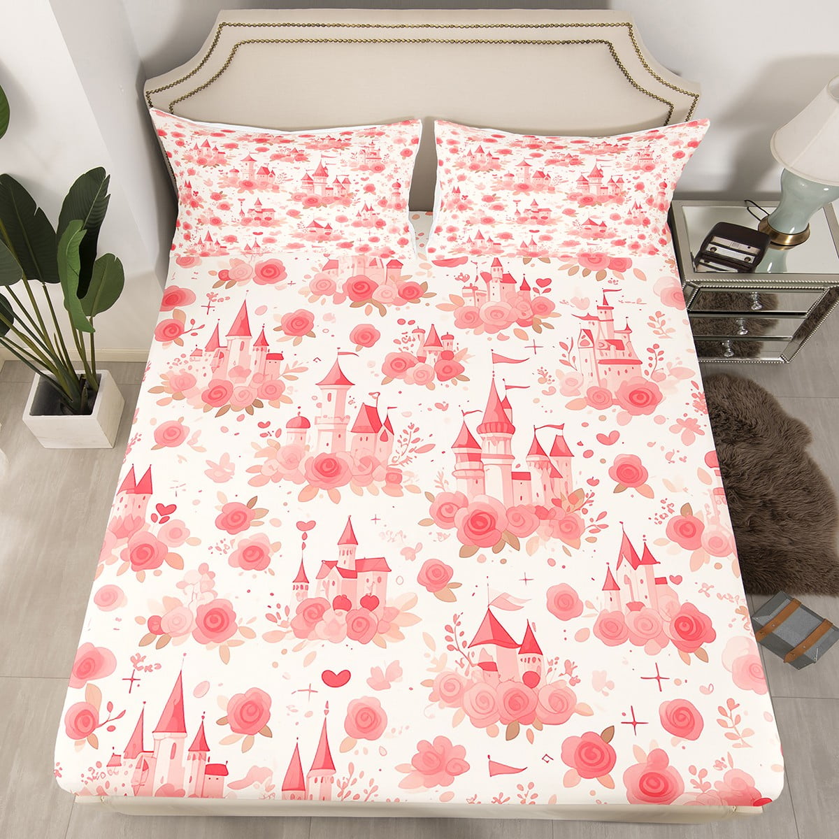 YST Cartoon Castle Fitted Sheet Watercolor Roses Floral Bed Sheets Twin ...