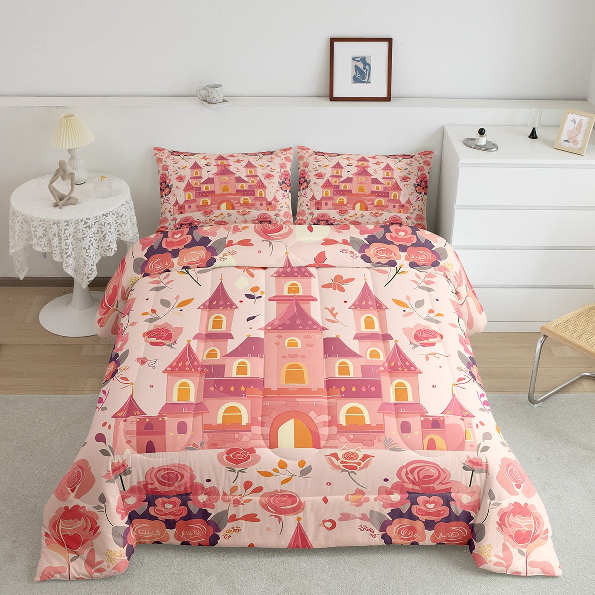 Cartoon Castle Queen Comforter Set Girly Pink Floral Bedding Set Queen ...