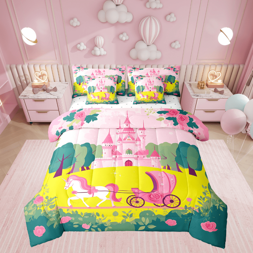 Cartoon Castle Twin Comforter Set Girly Pink Floral Bed in a Bag 7pcs ...