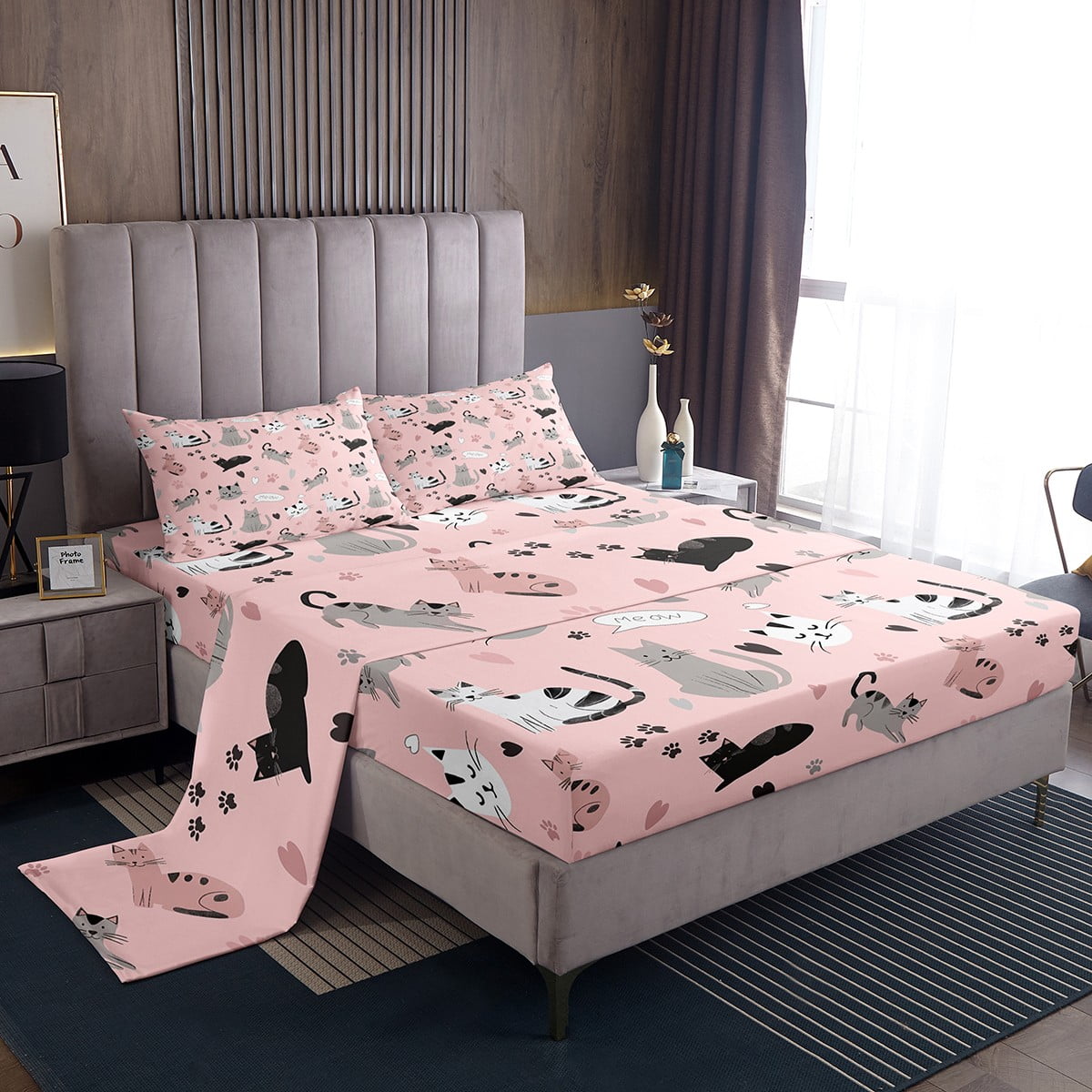 Cartoon Cat Bed Sheets Set Cute Kitten Sheet Set, Girly Pink Full ...