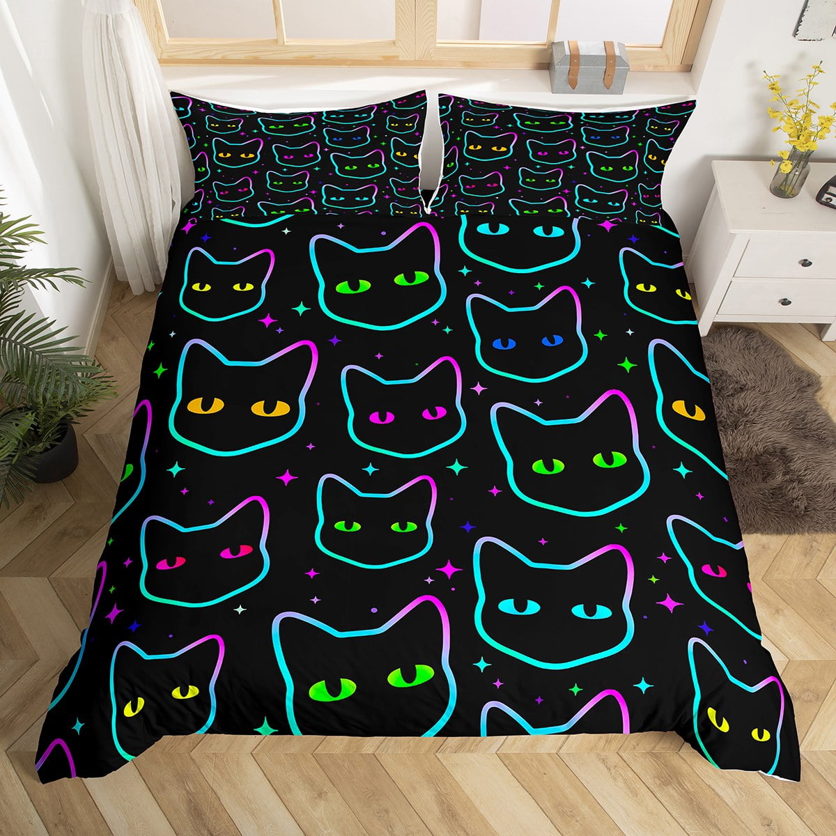 Erosebridal Cartoon Cat Bedding, Black Cat Duvet Cover Teens, Ombre ...