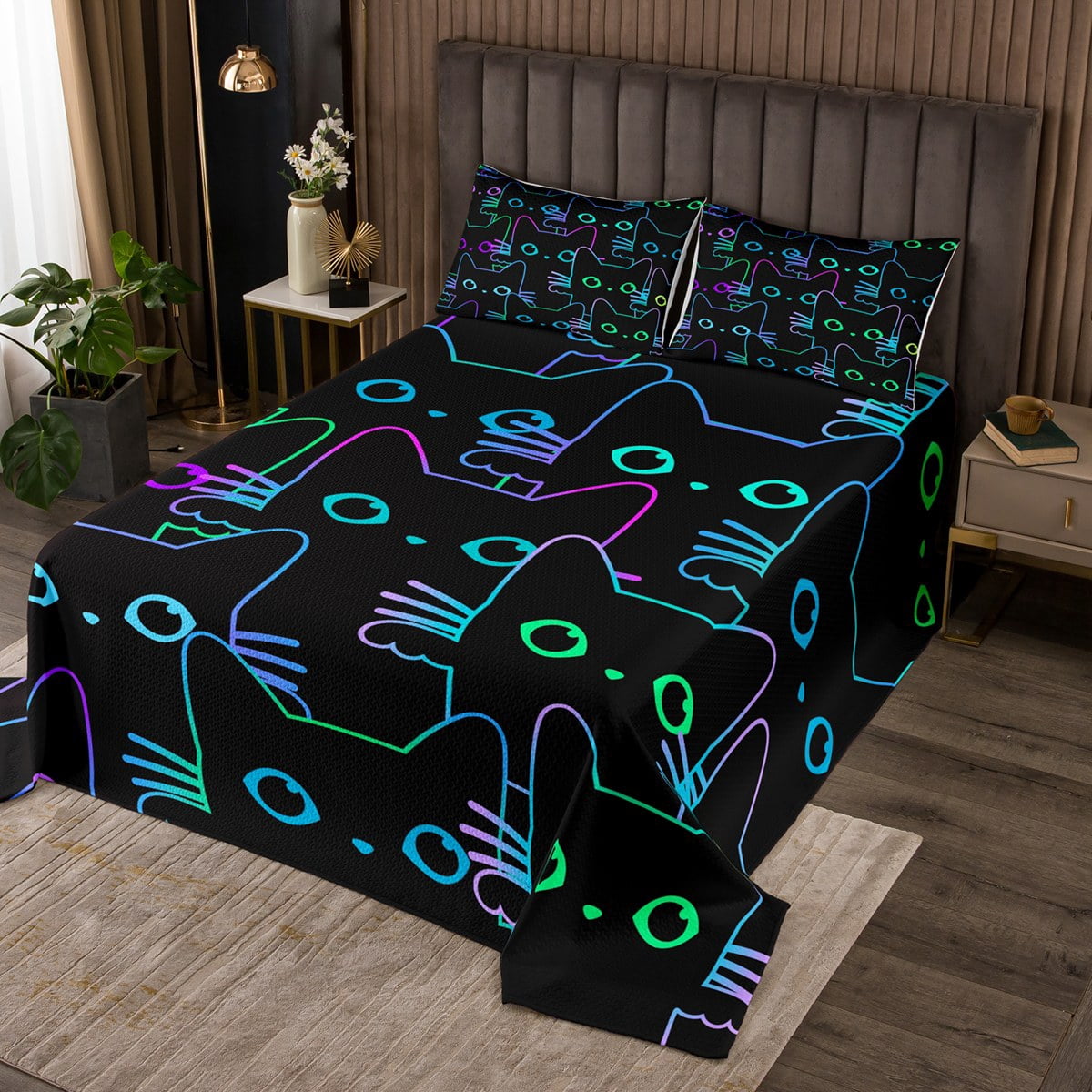 Erosebridal Cartoon Cat Bedspread Set Twin Cute Black Cat Quilt Set ...