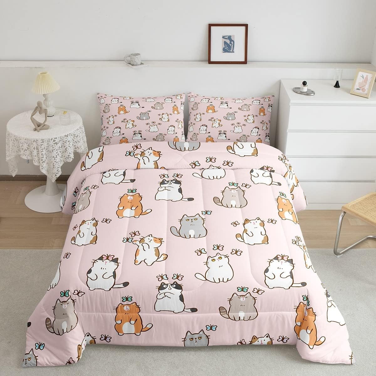 YST Cartoon Cat Comforter Set Twin, Kawaii Cat Butterfly Bedding Set ...