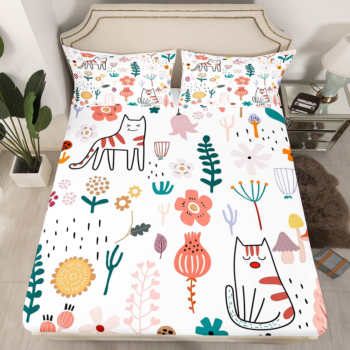 Cartoon Cat Fitted Sheet Cute Pet Kitten Queen Size Bed Set Teens Boho ...