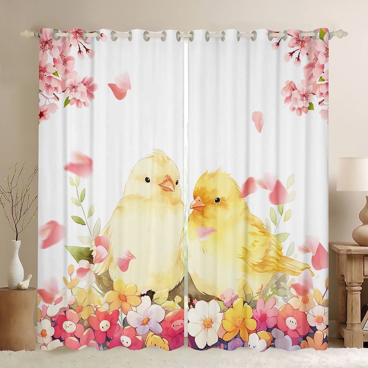 YST Cartoon Chicken Blackout Curtains Cute Chick Botanical Flowers ...